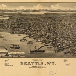 Map 1884 Map Bird's Eye View of the City of Seattle W.T. | Etsy