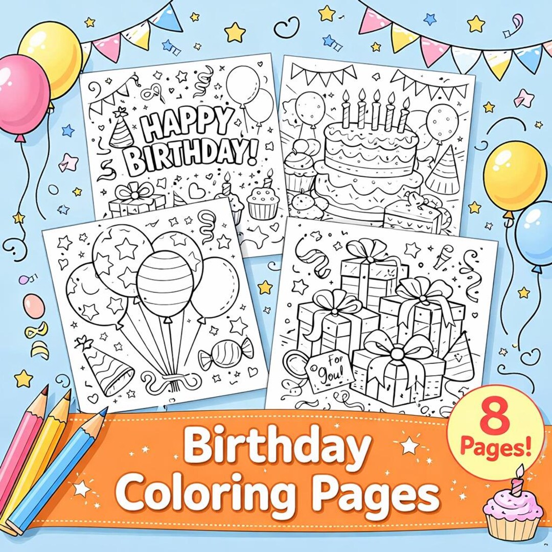 Birthday Coloring Pages for Kids | Party Activity Sheets (instant ...