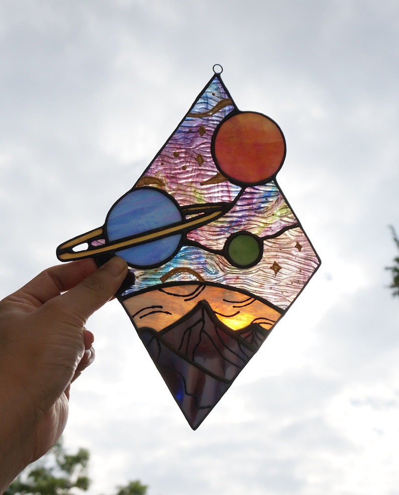 Mountain and Galaxy Stained Glass Panel Hanging,star Suncatcher Window ...