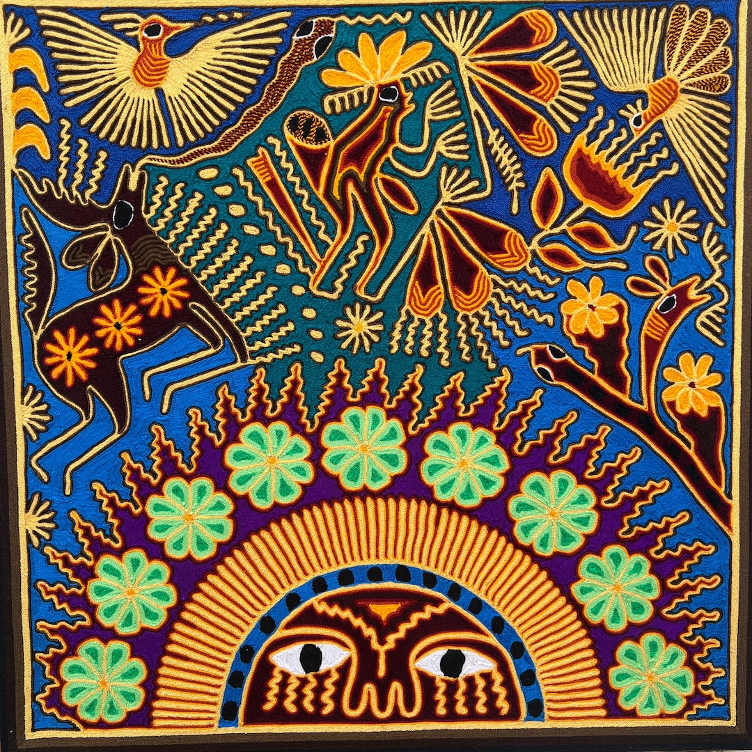 Handmade Huichol Art Frame – 24x24 Inches – Sun God & Peyote Design ...