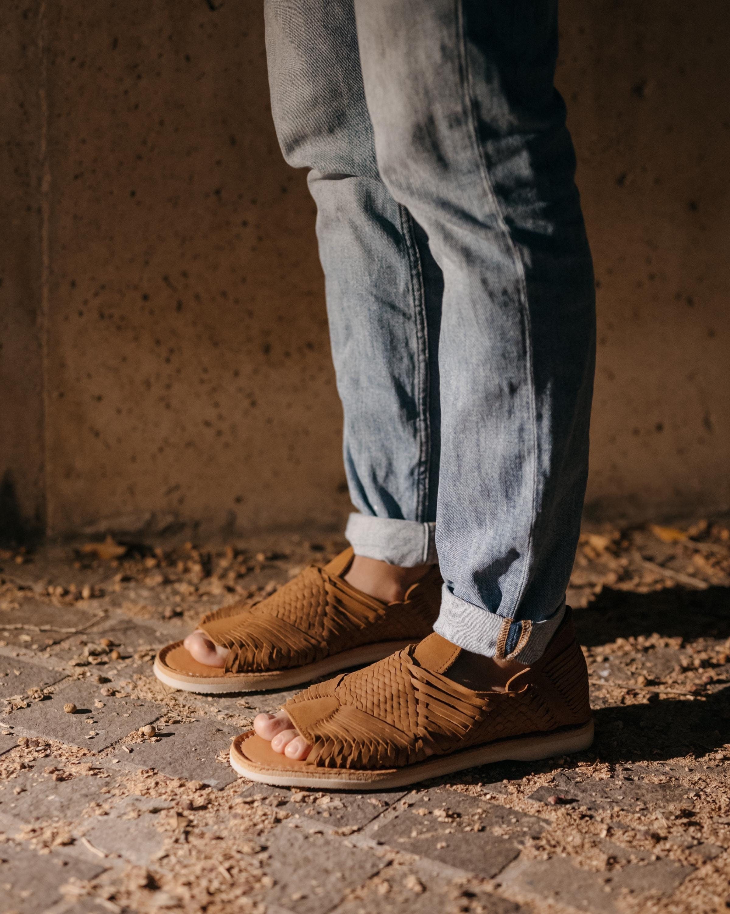 PACHUCO NOBUCK Leather Huaraches for Men - BROWN Open-toe Flats With ...