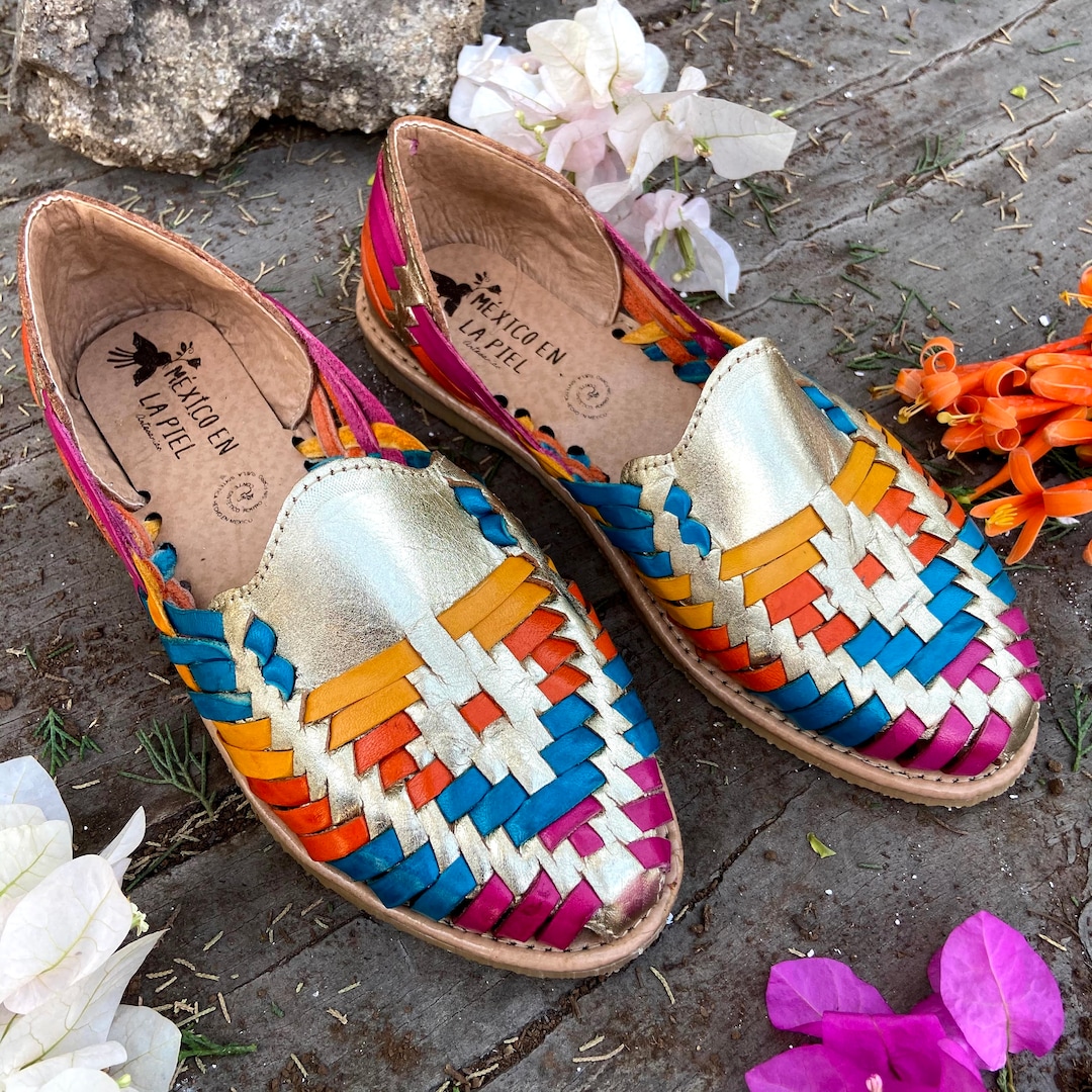 Mexican Leather Shoes. Gold and Colorful Huarache. Huarache Fashion ...