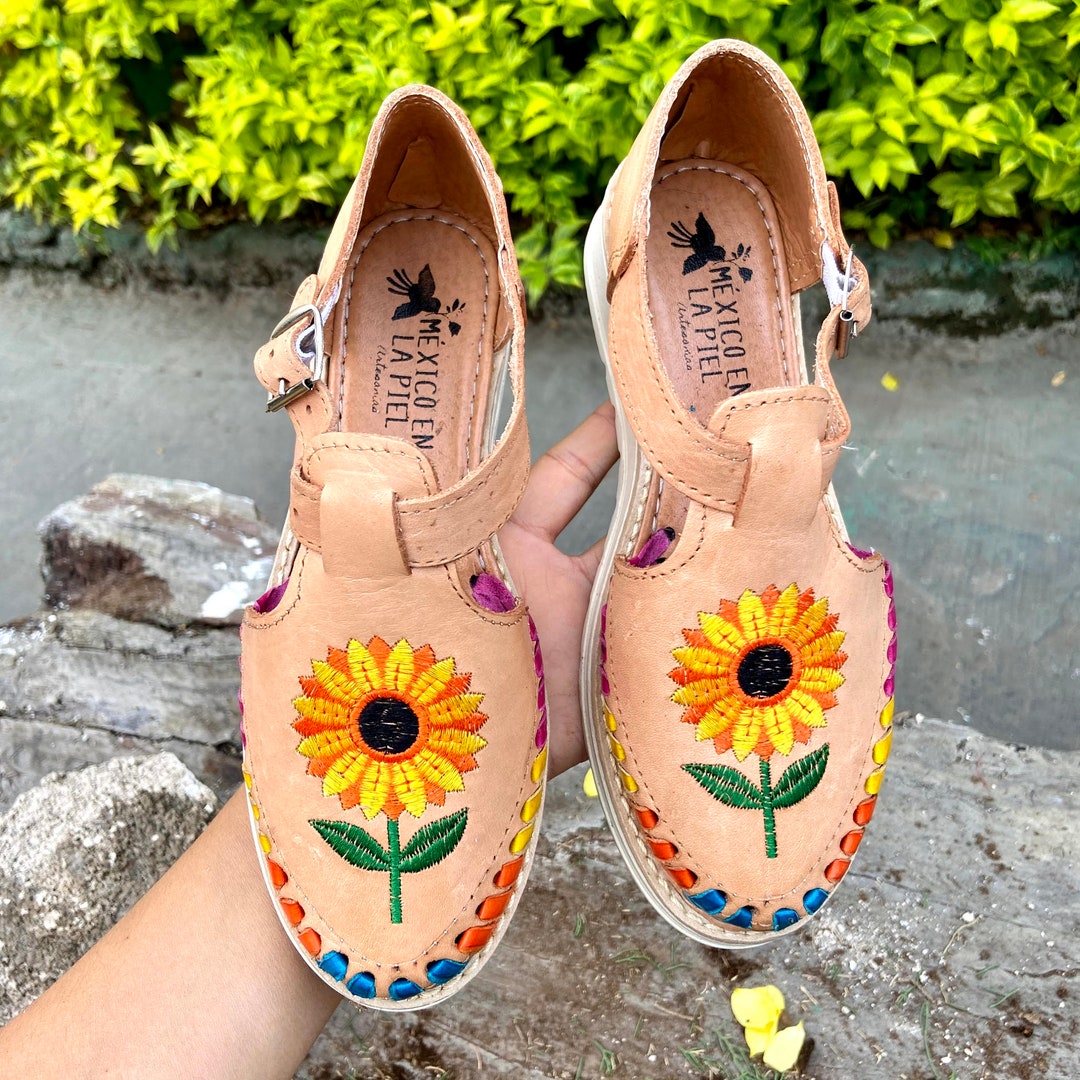 Mexican LEATHER SHOES With Sunflower Embroidered, All Sizes ...