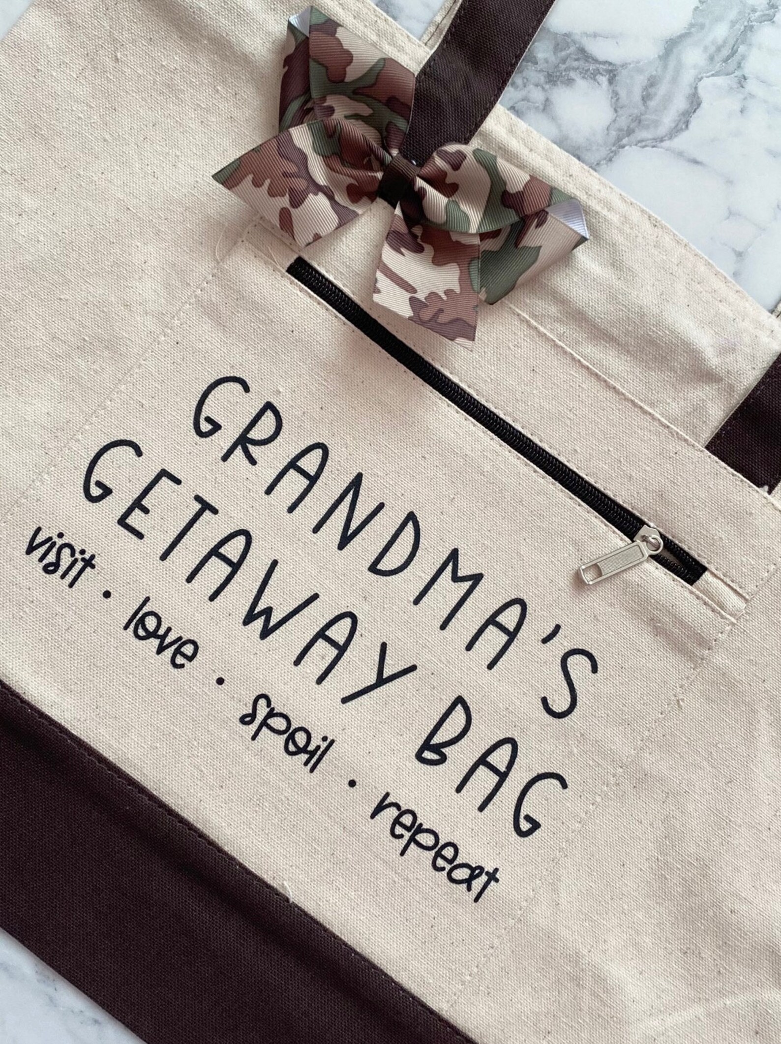 Grandma Getaway Bag | Hunting Grandma | Brown Tote | Camo Bow | Grandma ...