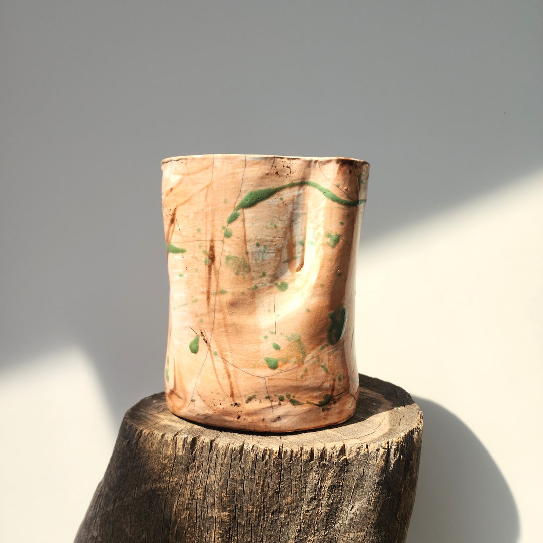 Raku Pottery Hand Built Abstract Peach and Green Glazes - Etsy