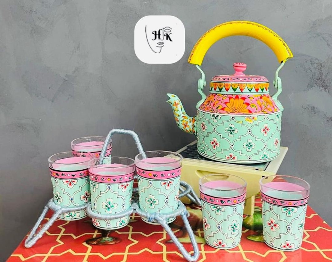 Handpainted Indian Tea Kettle With 6 Glasses and a Kart. - Etsy