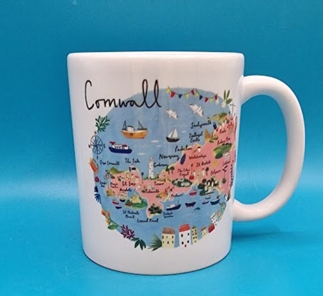 Map of Cornwall Printed Mug, Holiday Keepsake, Cornish, Stocking Filler ...