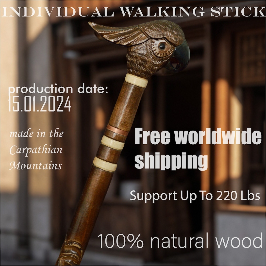 Hand Carved Wooden Cane, Walking Stick for Man and Woman. Unique Parrot ...