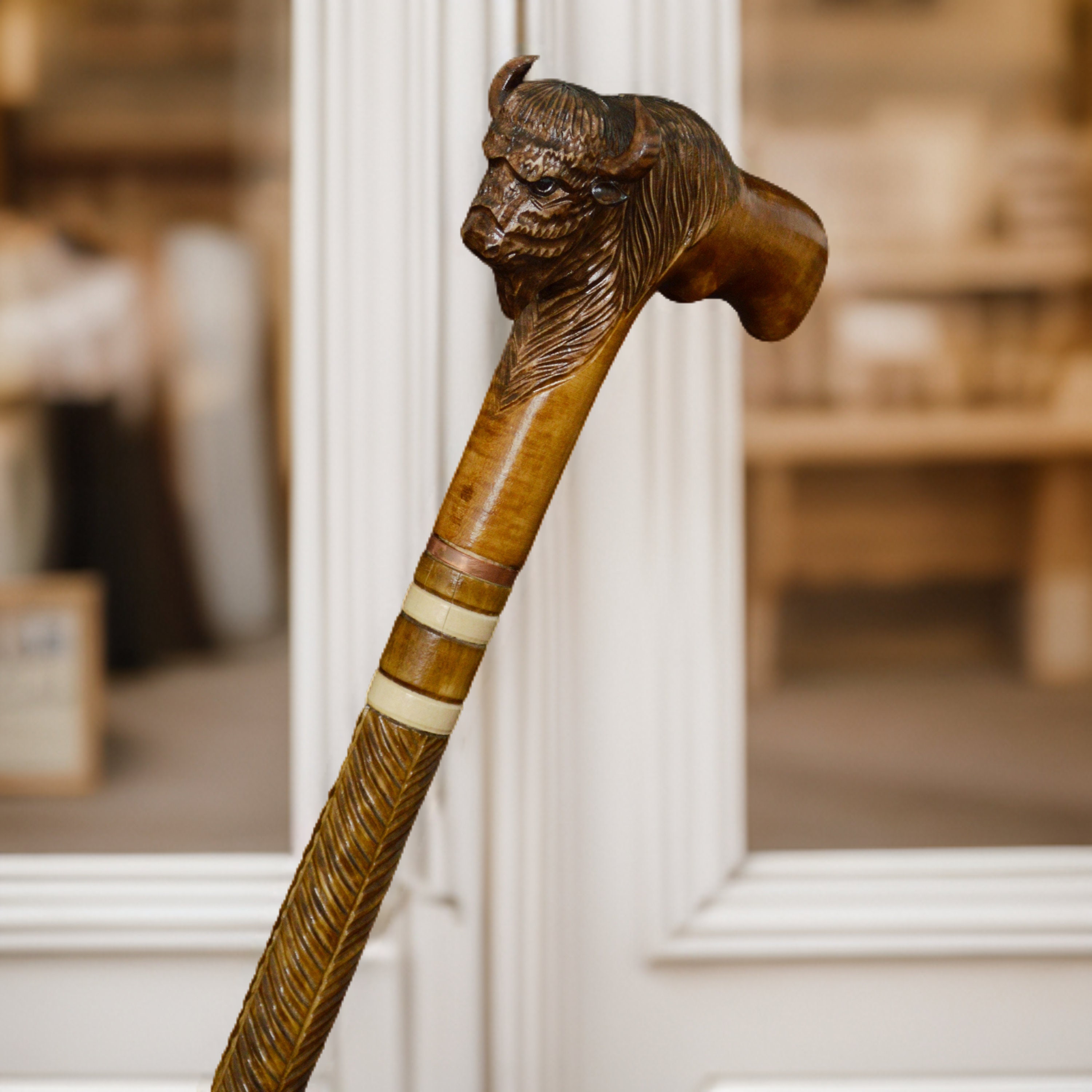 Hand Carved Wooden Cane, Walking Stick for Man and Woman. Unique Bison ...