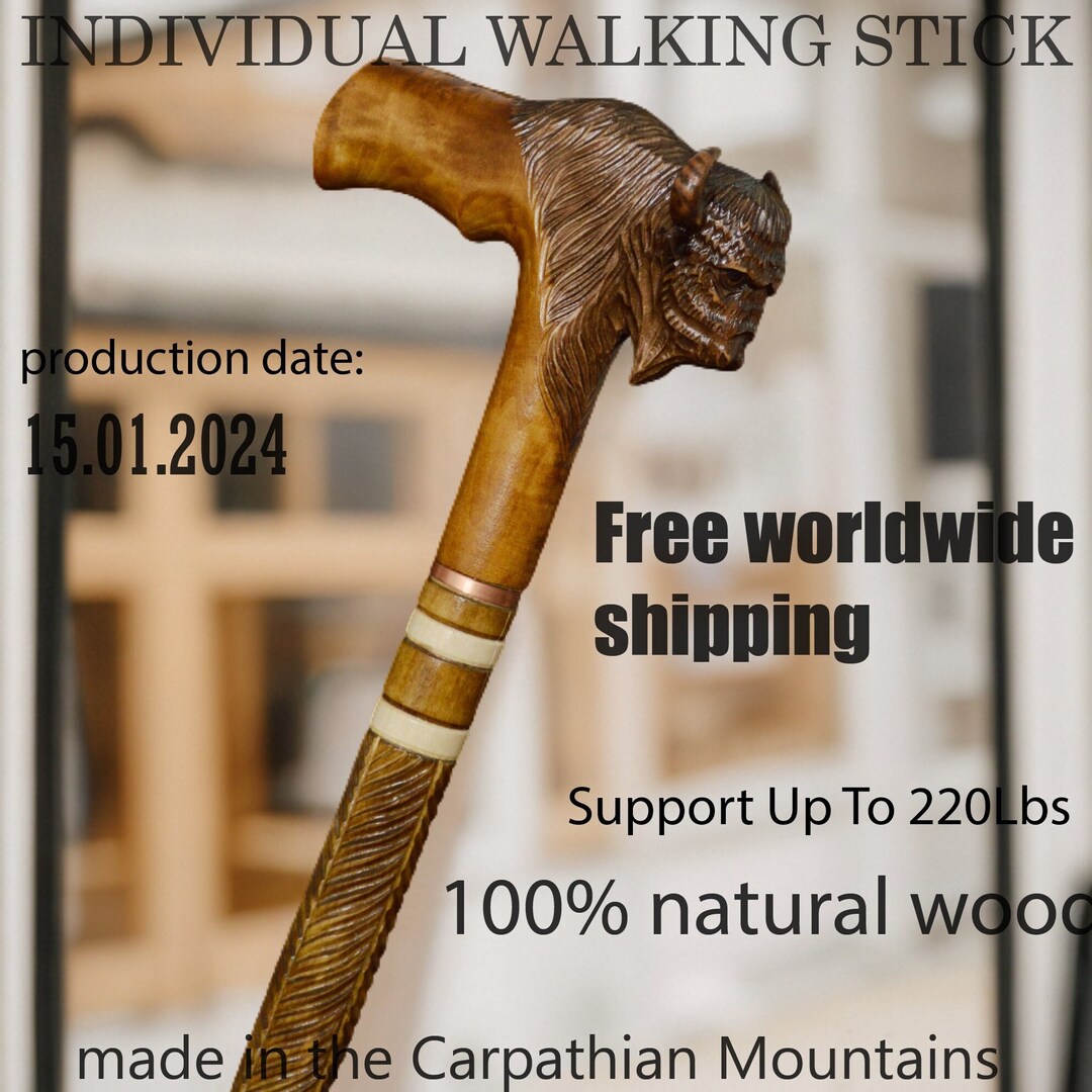 Hand Carved Wooden Cane, Walking Stick for Man and Woman. Unique Bison ...