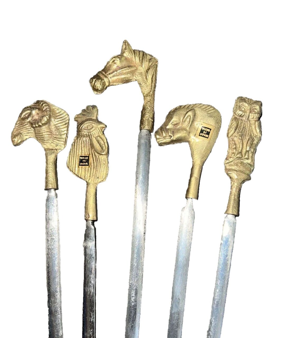 Shish Kabob BBQ Skewers 5 Vintage Brass Stainless Steel Animal Heads 16 ...