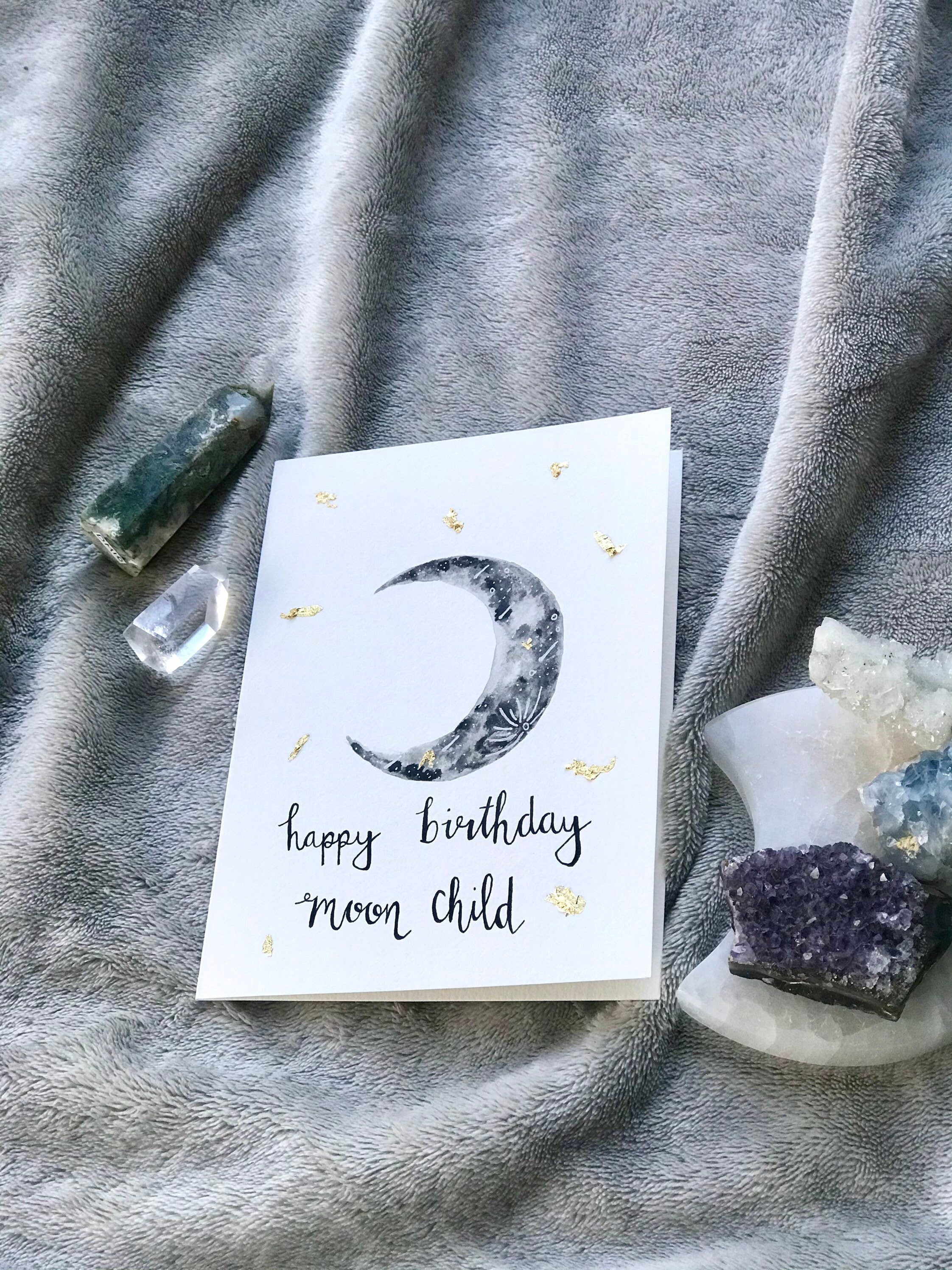 Happy Birthday Moon Child Card Gold Leaf Watercolour | Etsy