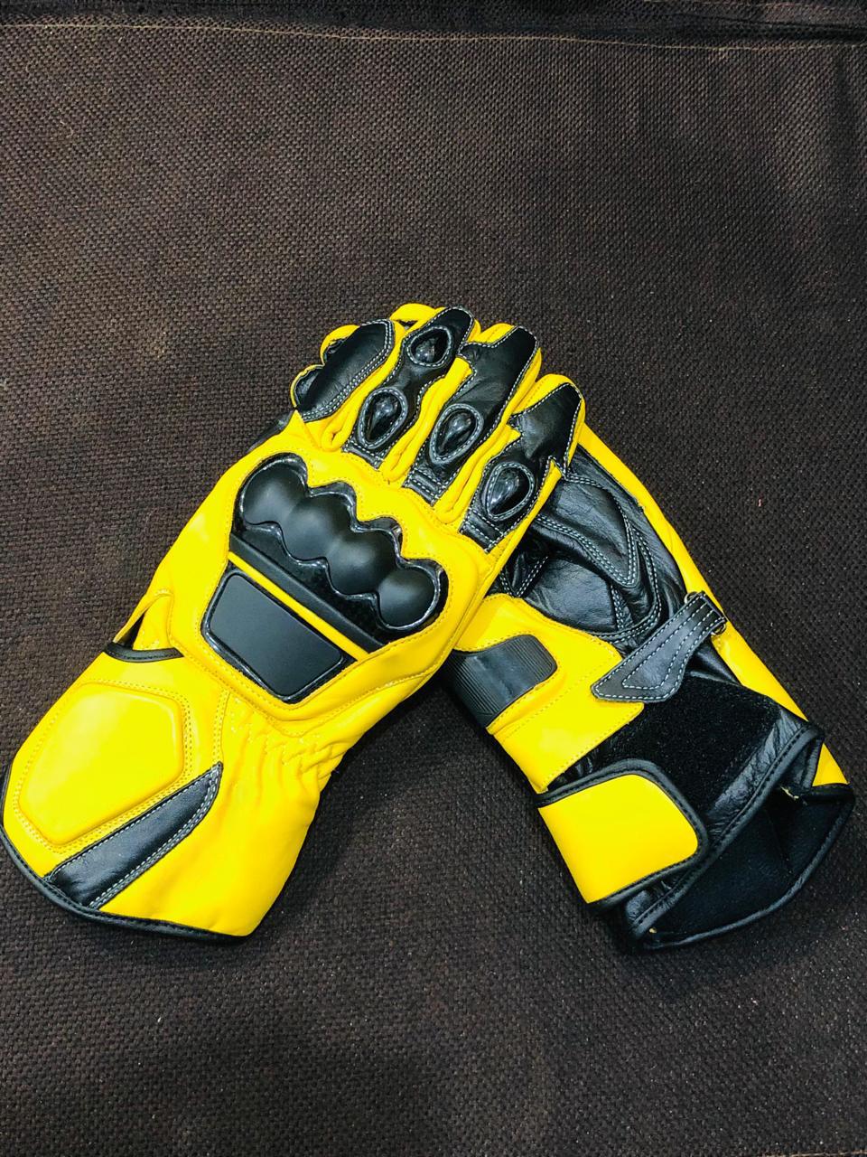 Yellow Leather Motorcycle Racing Gloves: Full Gauntlet With Knuckle ...