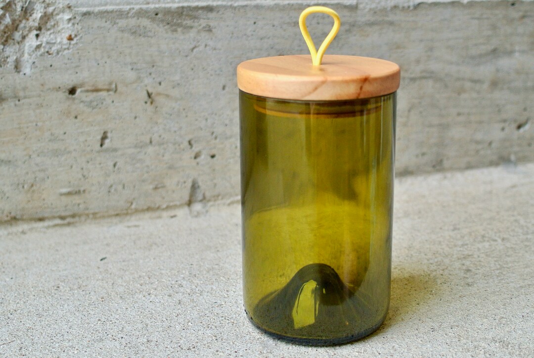 Wine Bottle Canister / Jar – Upcycled Wine Bottle [GREEN GLASS] With ...