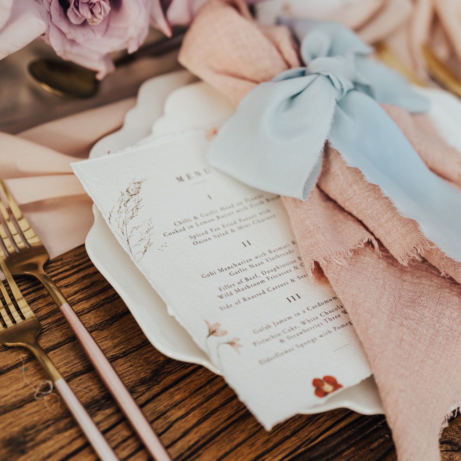 Pressed Flower Wedding Menu: Handmade Cotton Paper, Boho Floral Design ...