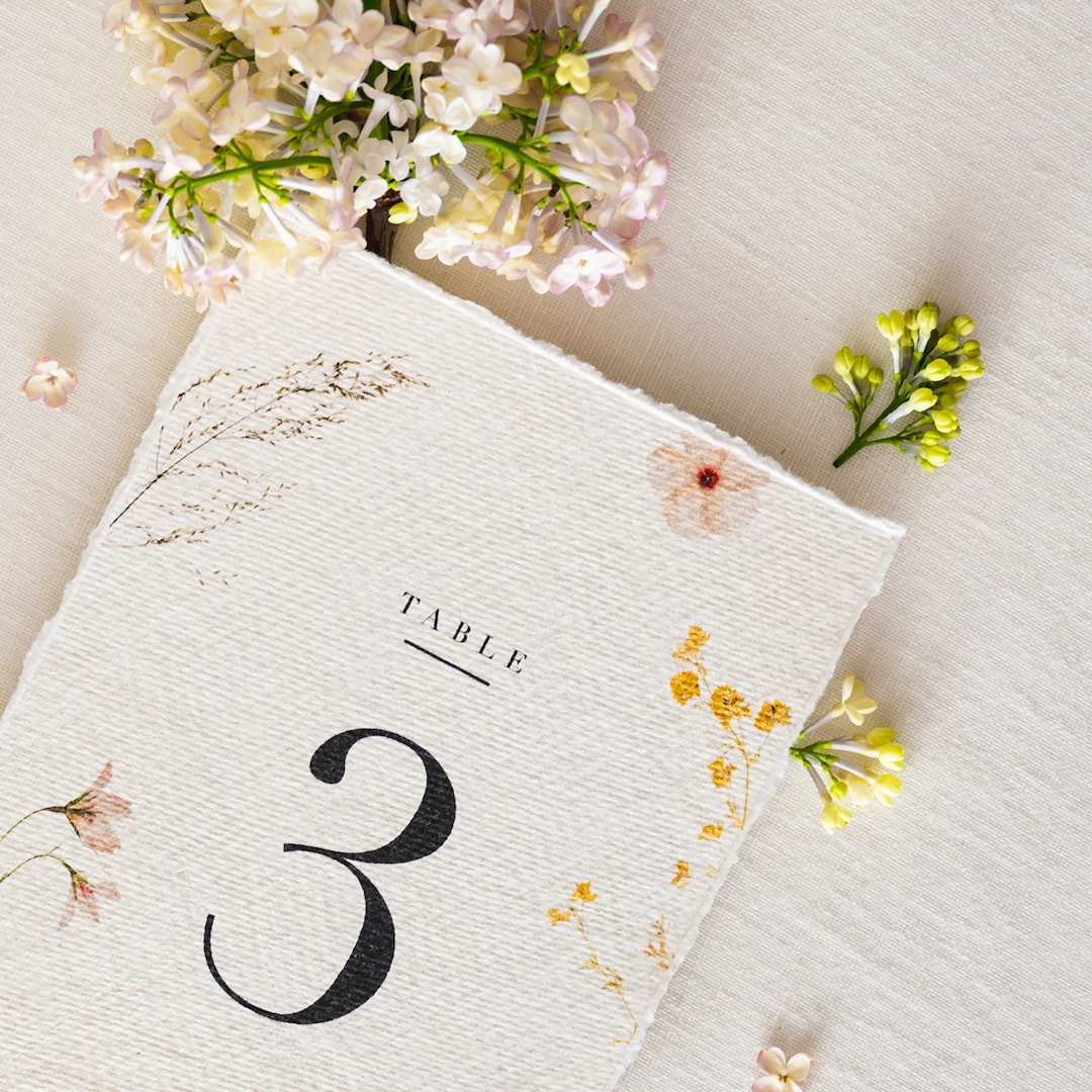 Pressed Flower Table Numbers: Boho Wedding Decor, Handmade Cotton Paper ...