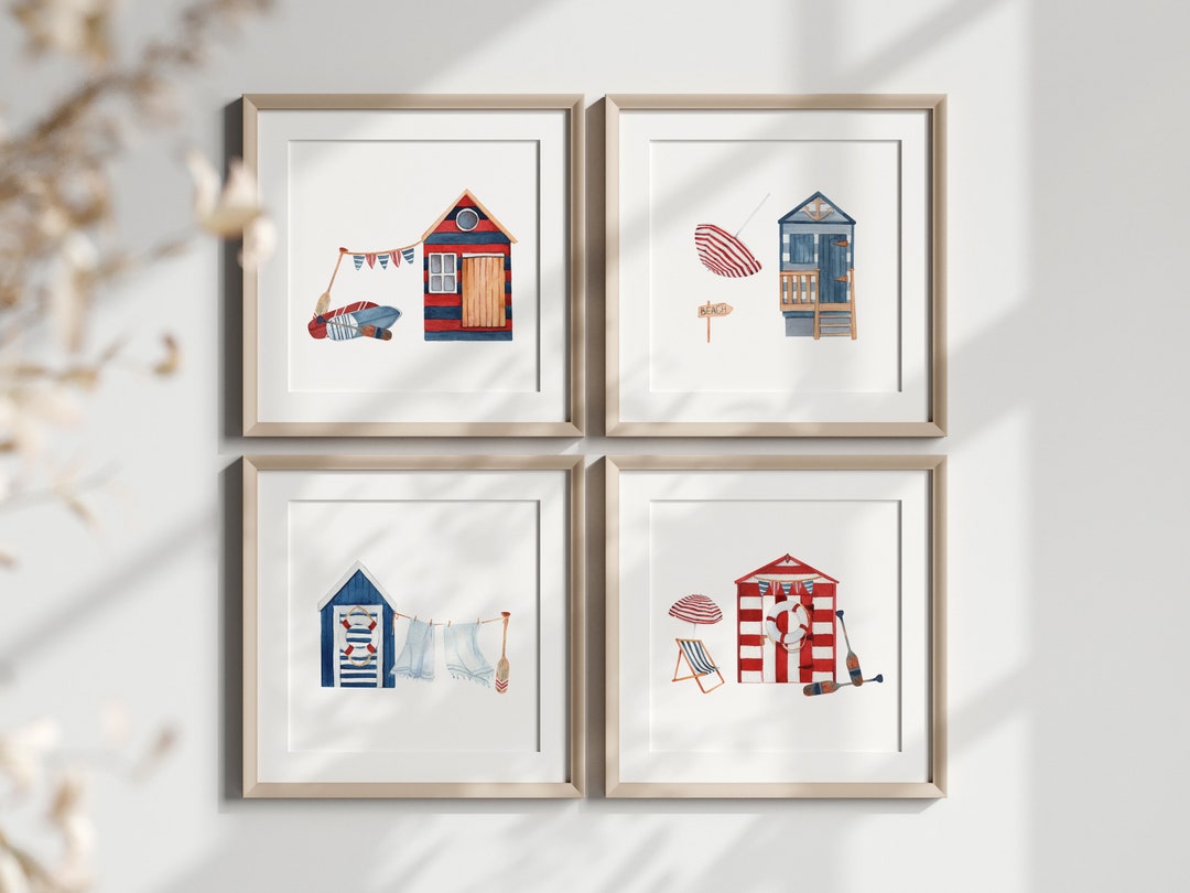 Set of 4, Beach Hut Prints, Beach Hut Wall Art, Coastal Print, Sea Side ...
