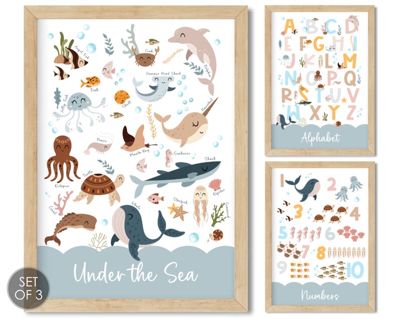 PRINTABLE Set of 3 Under the Sea Prints. Ocean Nursery Prints, Sea Life ...