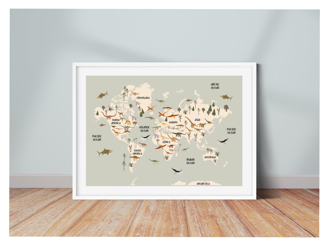 Dinosaur World Map, Kids World Map Print, Dinosaur Theme, Jurassic Map ...