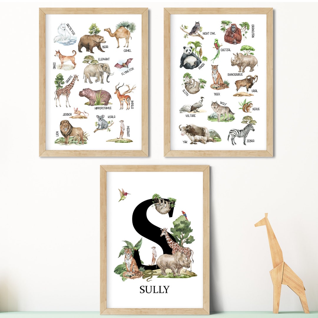 SET OF 3 Animal Prints, Animal A to Z, Endangered Animals, Wildlife ABC ...