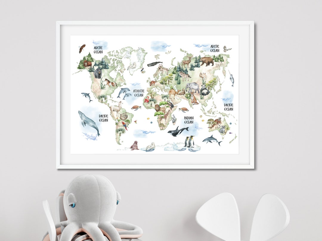 Kids Ocean World Map, Sea Life Ocean Print, Children's World Map ...