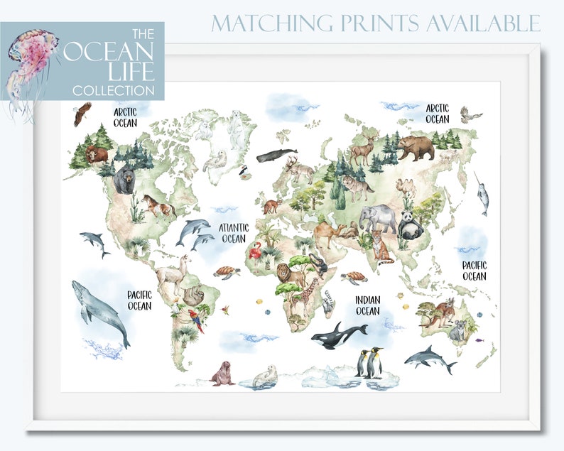 PRINTABLE Kids Ocean World Map Sea Life Ocean Print - Etsy