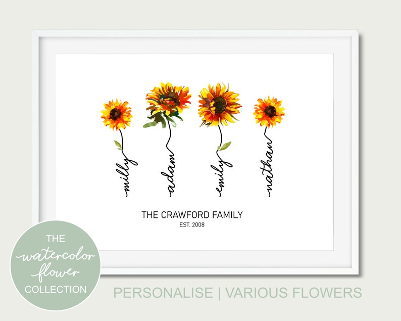 Sunflower Print Family Name Print Personalised Wall Art - Etsy