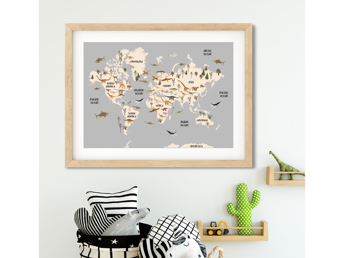 PRINTABLE Dinosaur World Map, Grey Boys Room Decor, Jurassic Dinosaur ...