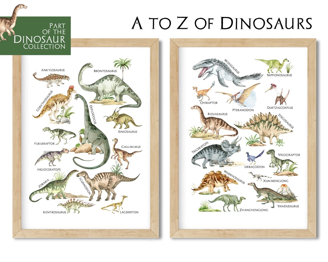 Printable Set of 2 Dinosaur Prints, A to Z of Dinosaurs, Jurassic Wall ...