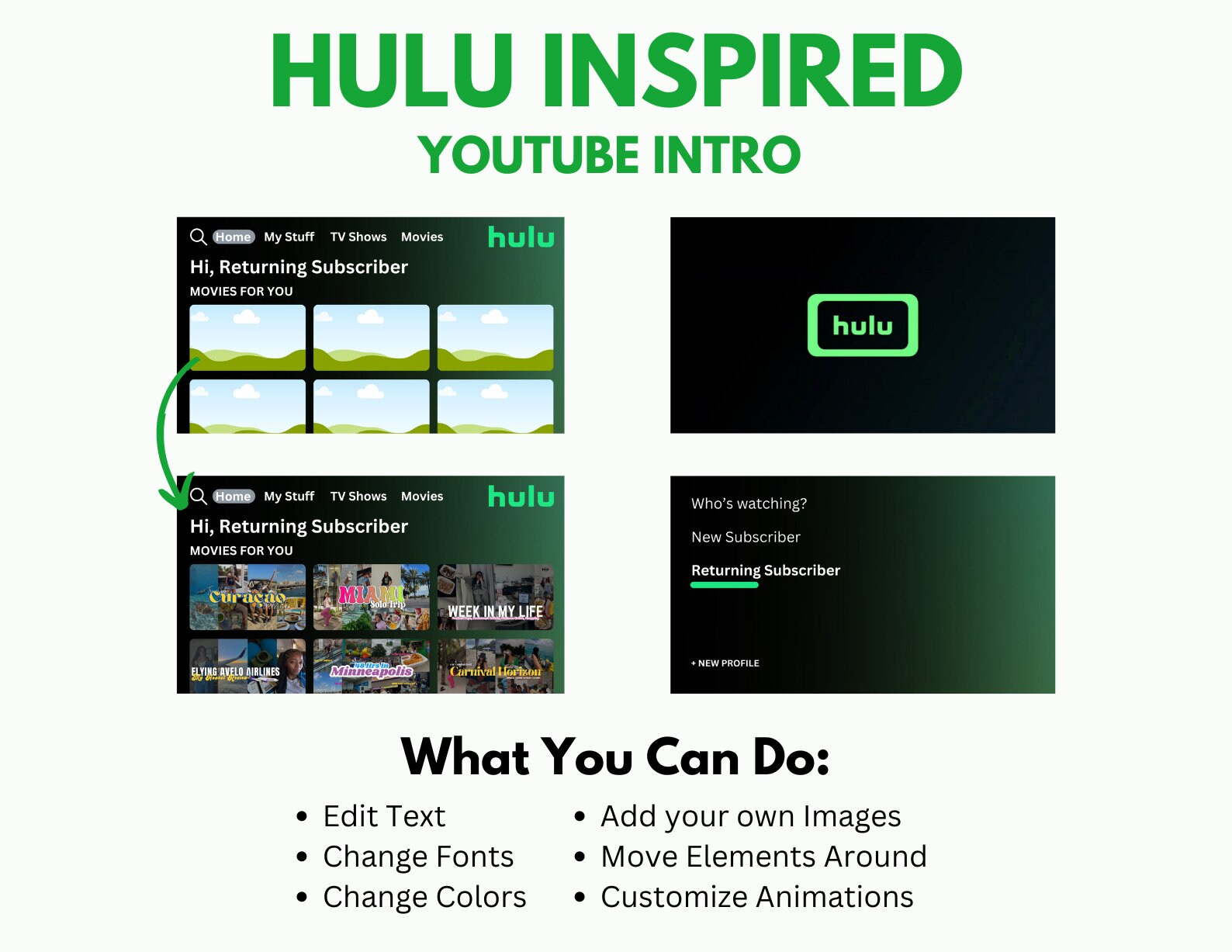Hulu Inspired Youtube Intro Template, Canva Editable Template, Youtube ...