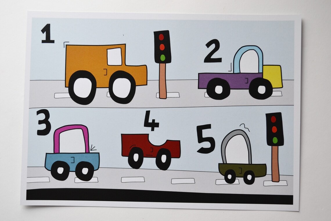 Cars and numbers art print unframed A4 car themed print | Etsy