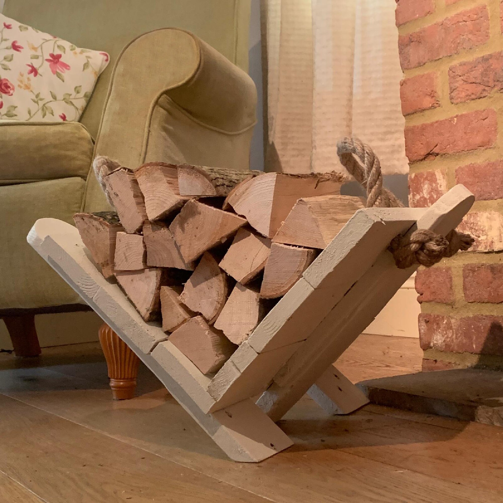 Rustic Wood Log Basket for Fire With Rope Handles Painted in - Etsy UK