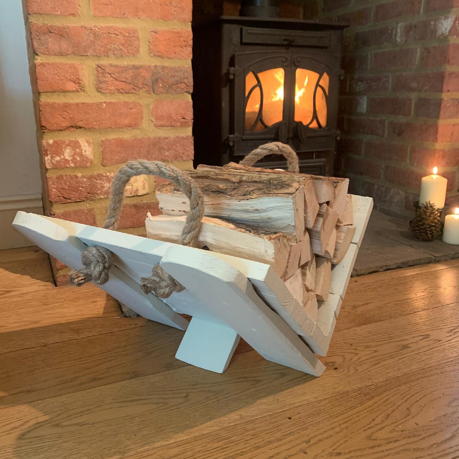 Rustic Wood Log Basket for Fire With Rope Handles Painted in | Etsy