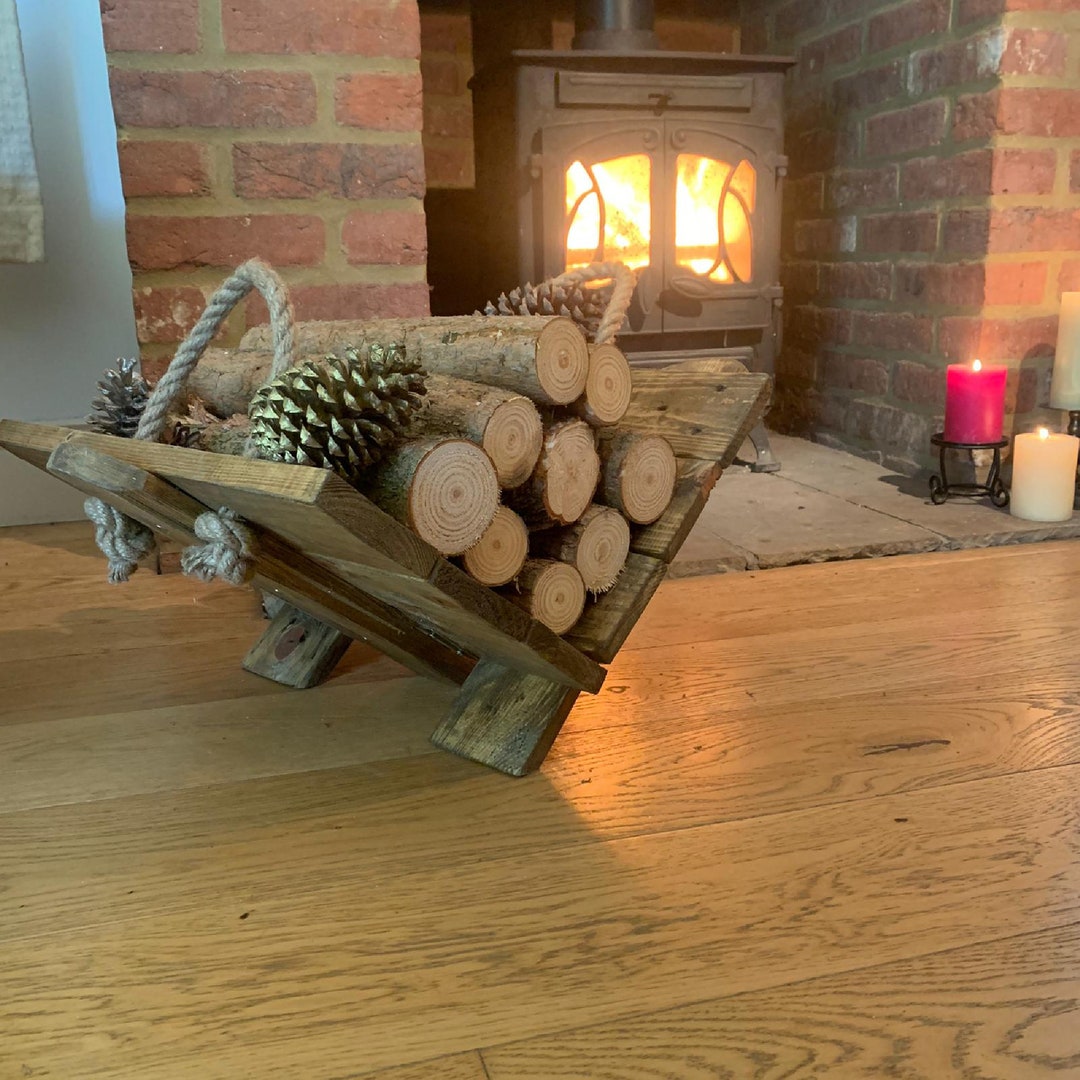 Log Storage Basket Made in the UK From Reclaimed Wood With Chunky Rope ...