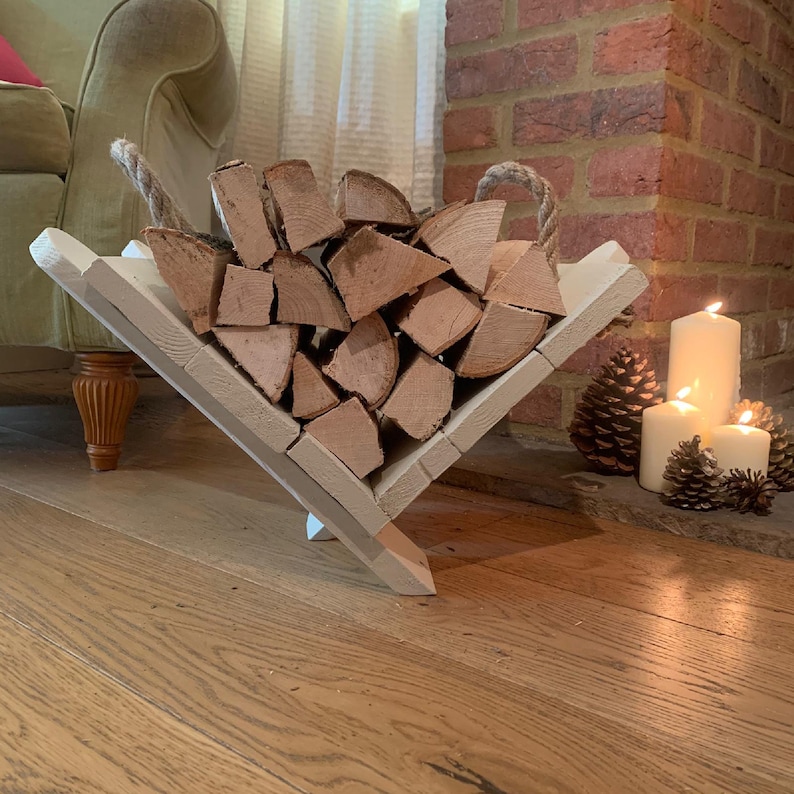Rustic Wood Log Basket for Fire With Rope Handles Painted in - Etsy