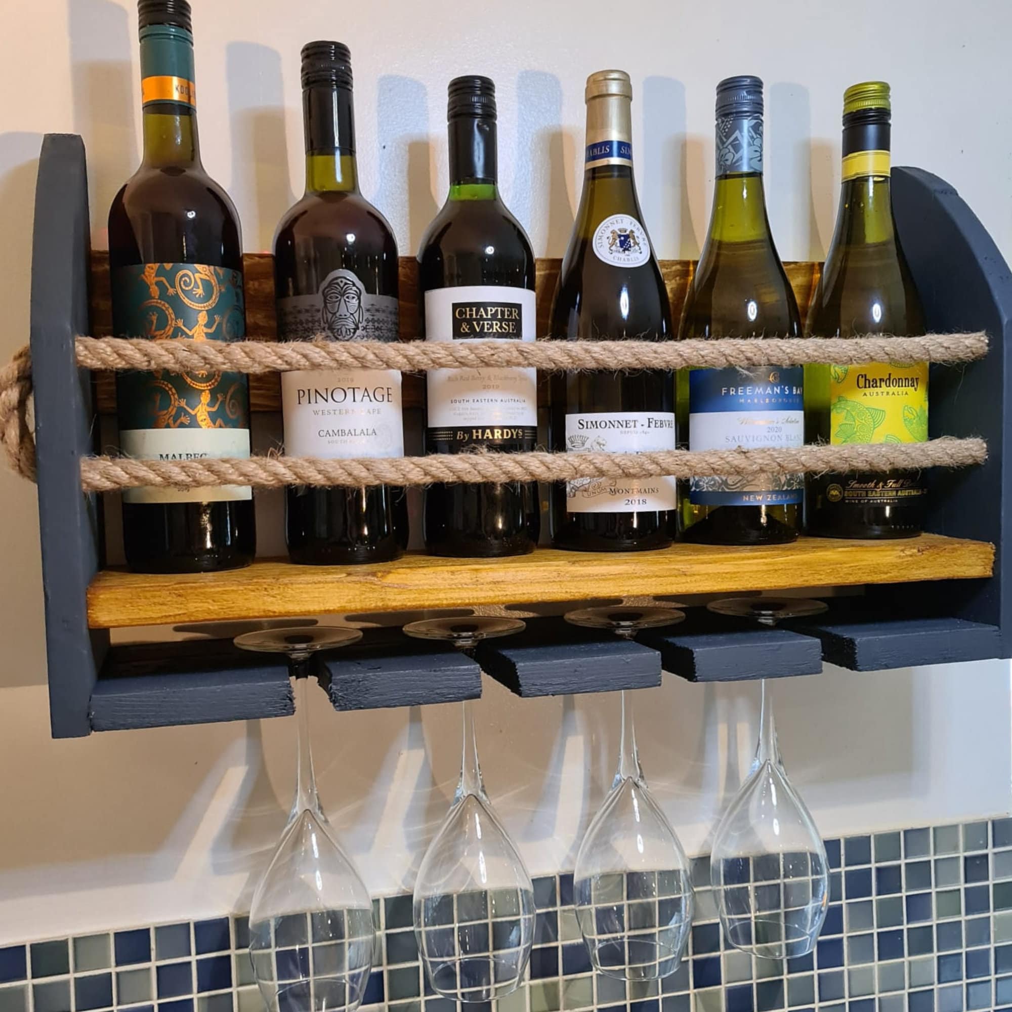 Wall Mounted Wine Bar Rack in blue with antique pine stain | Etsy