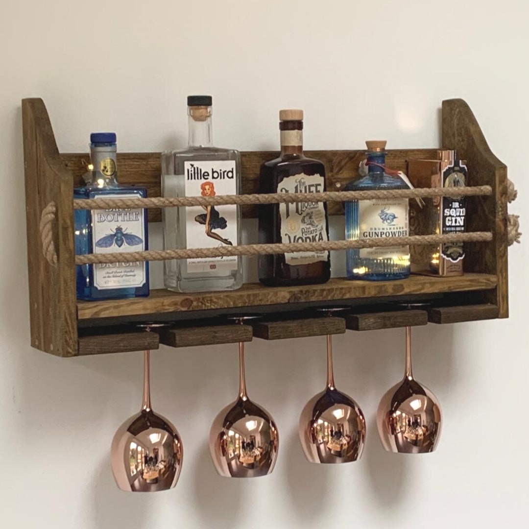 Handcrafted Rustic Wood Gin Rack: Wall Mounted Bar With Glass Holder ...