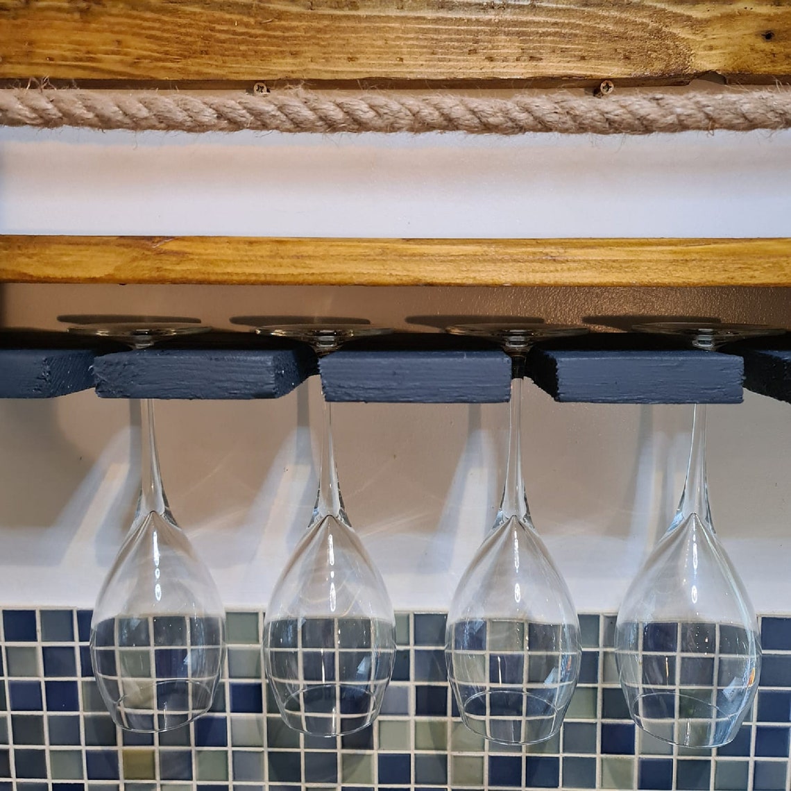 Wall Mounted Wine Bar Rack in blue with antique pine stain | Etsy