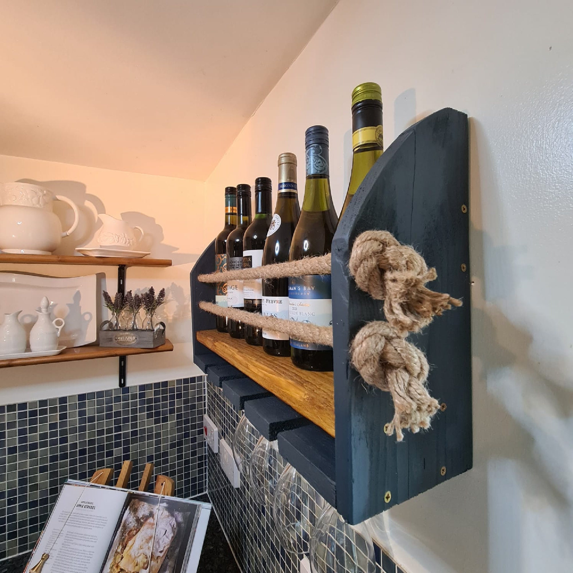 Wall Mounted Wine Bar Rack in blue with antique pine stain | Etsy