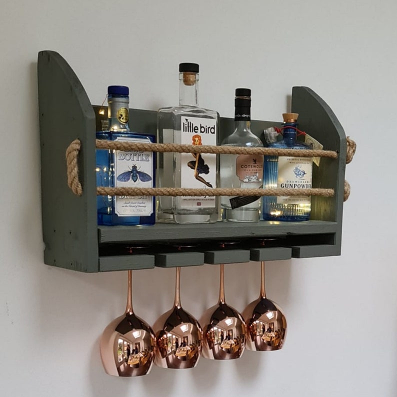 Rustic Grey Gin Bar: Wall Mounted Spirits Rack With Rope Detail - Etsy