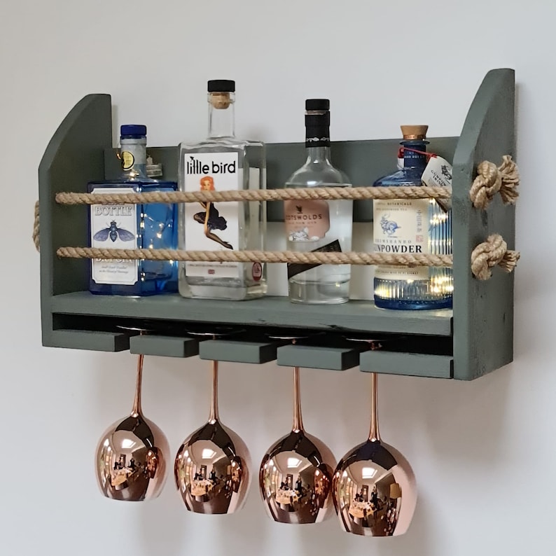 Rustic Grey Gin Bar: Wall Mounted Spirits Rack With Rope Detail - Etsy