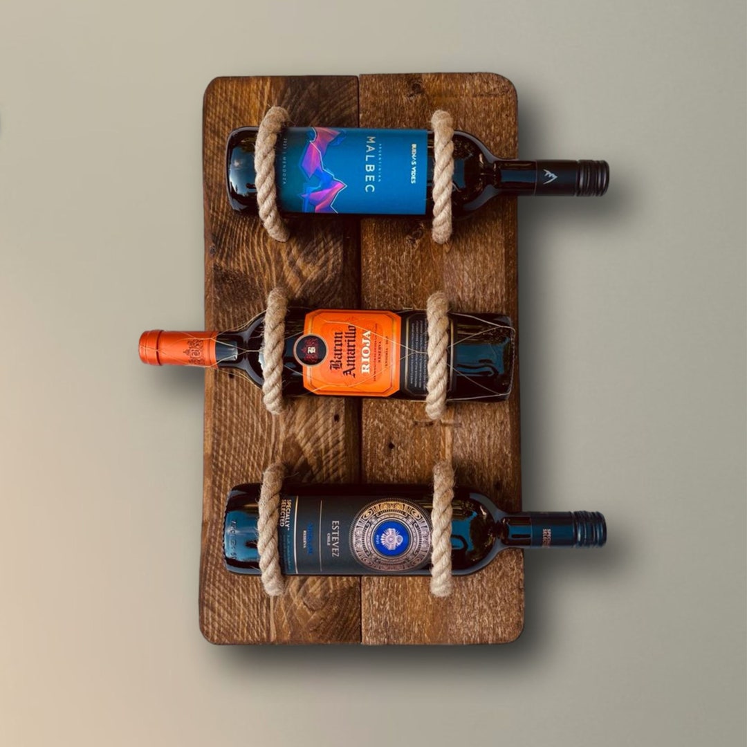 Wine Rack - Wall Mounted Rustic Reclaimed Wood Wine Rack - Natural Rope ...