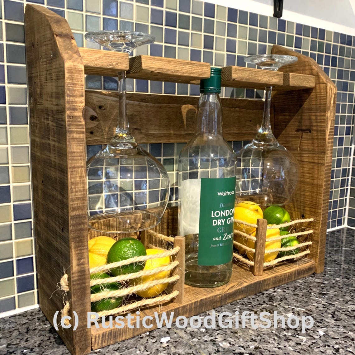 Rustic Wooden Gin Bar: Wall Mounted Liquor Rack - Etsy