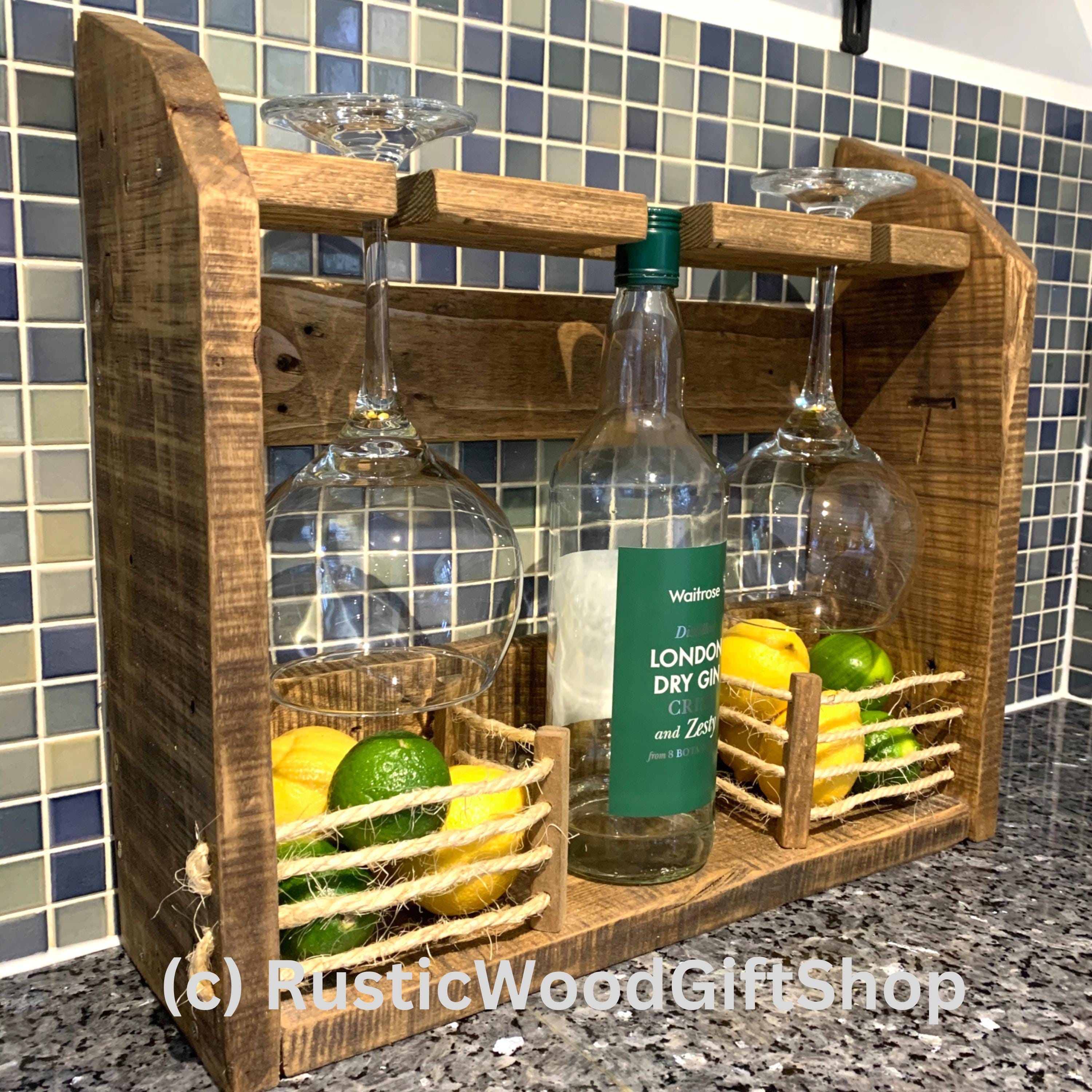 Rustic Wooden Gin Bar: Wall Mounted Liquor Rack - Etsy