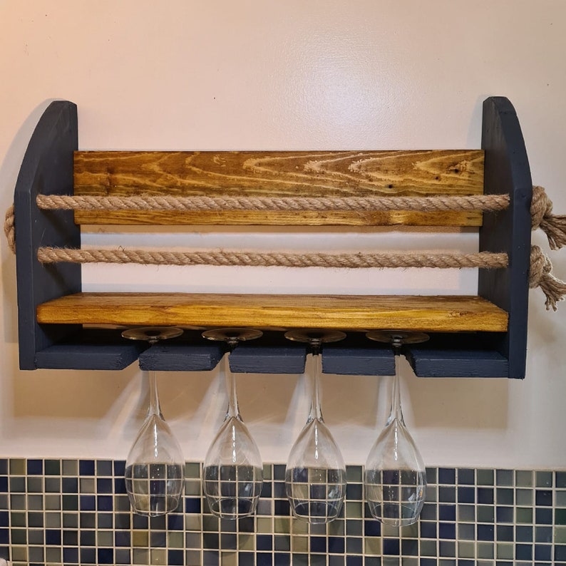 Wall Mounted Wine Bar Rack in Blue With Antique Pine Stain | Etsy