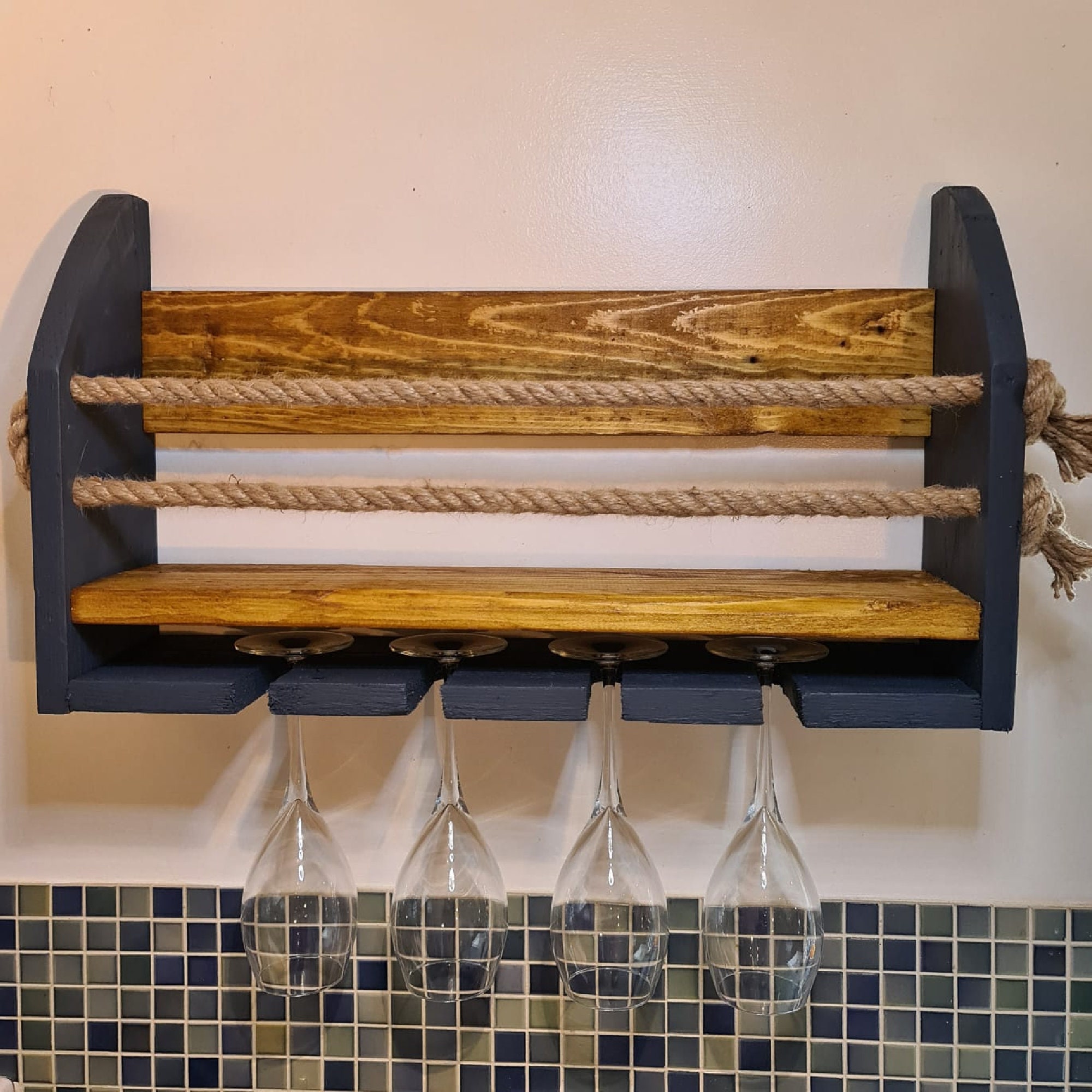 Wall Mounted Wine Bar Rack in blue with antique pine stain | Etsy