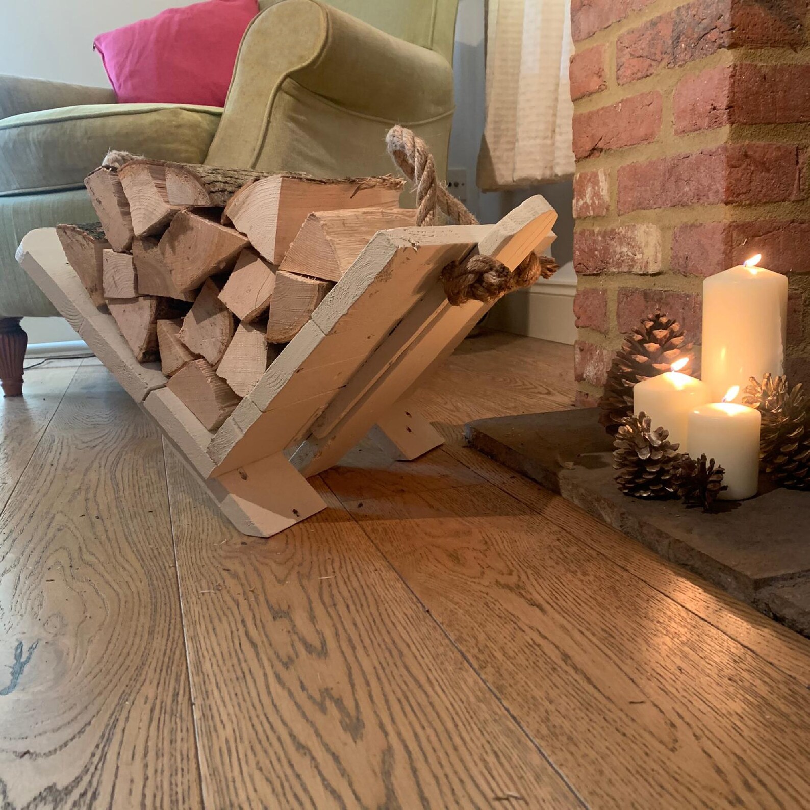 Rustic Wood Log Basket for Fire With Rope Handles Painted in | Etsy
