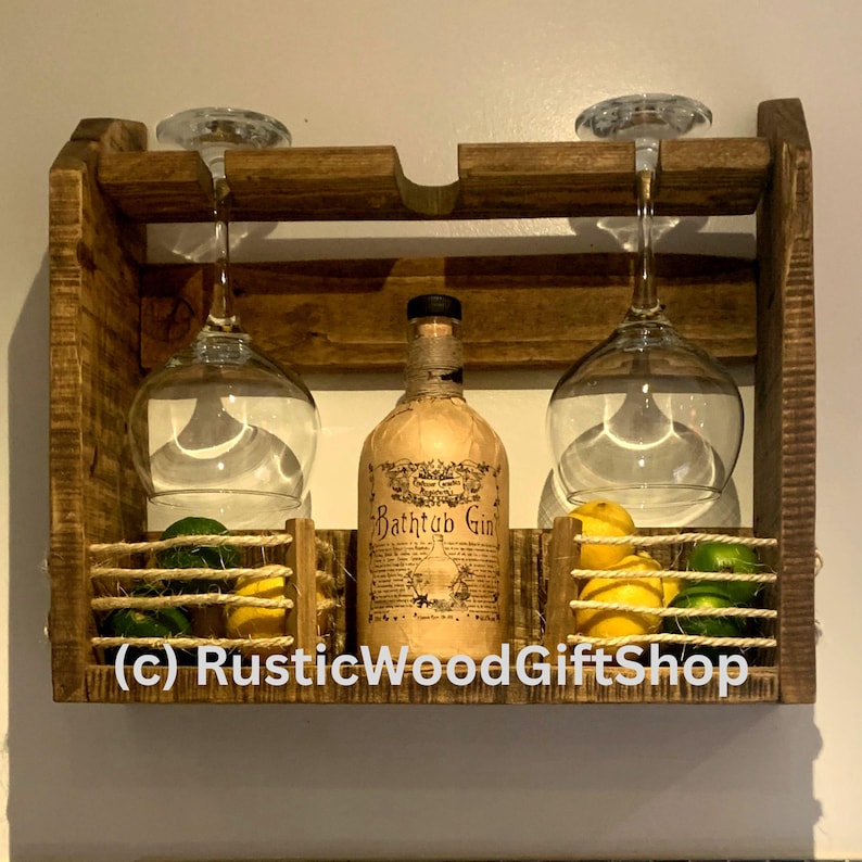 Rustic Wooden Gin Bar: Wall Mounted Liquor Rack - Etsy