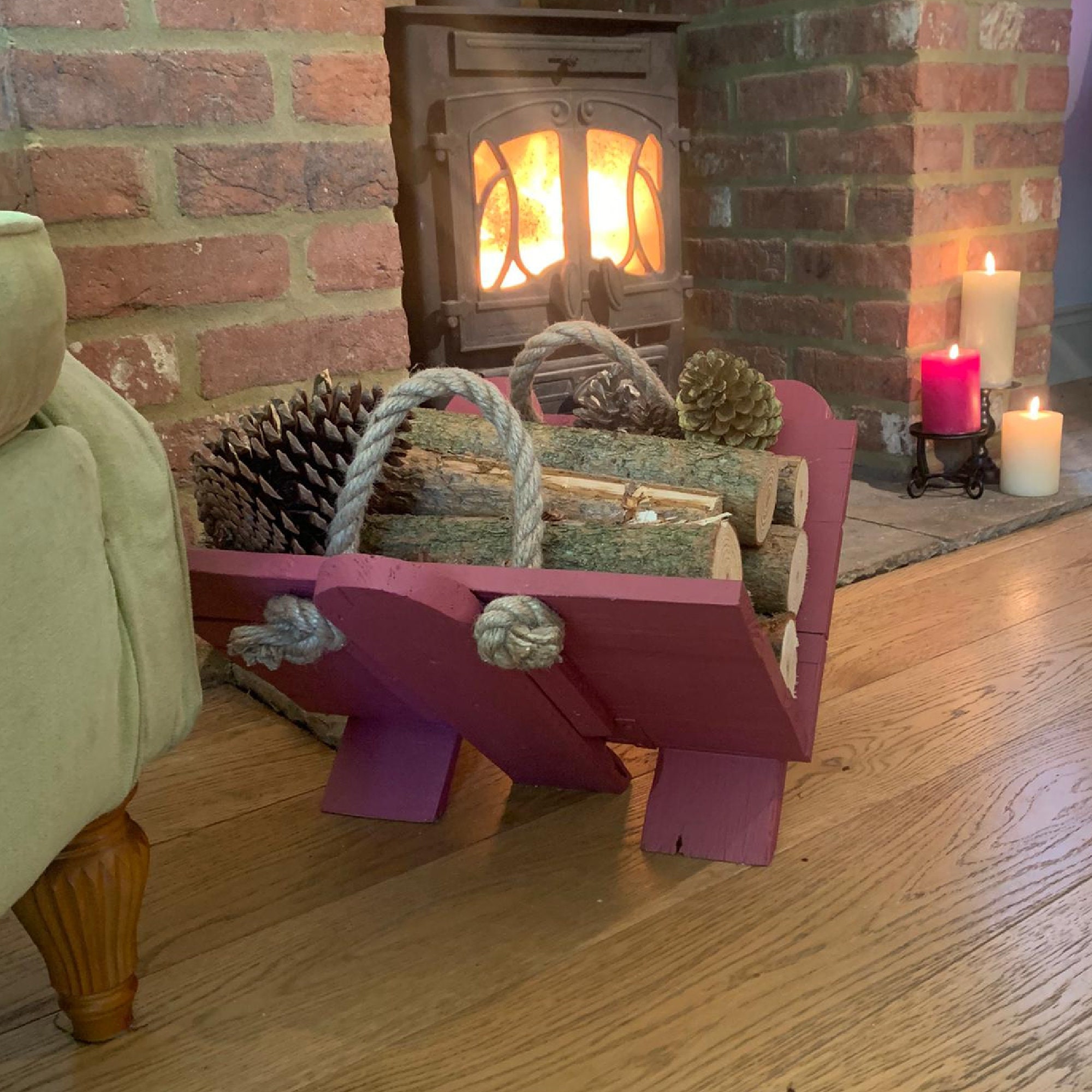 Wooden Log Basket Painted in Plum. Rustic Wood With Rope - Etsy UK