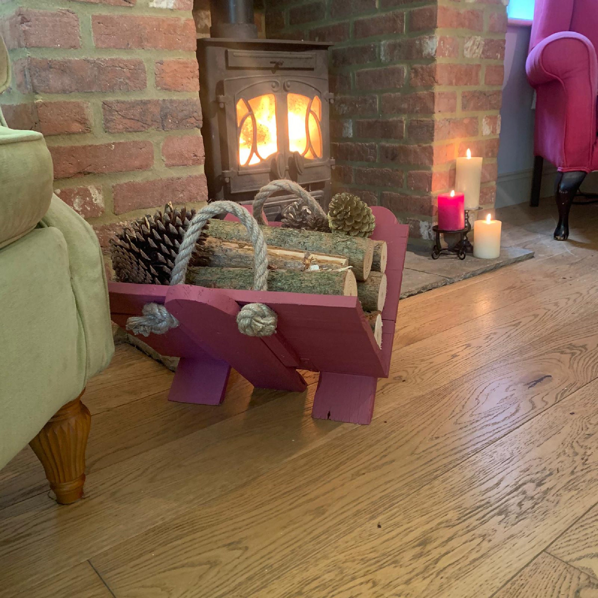 Wooden Log Basket Painted in Plum. Rustic Wood With Rope - Etsy UK